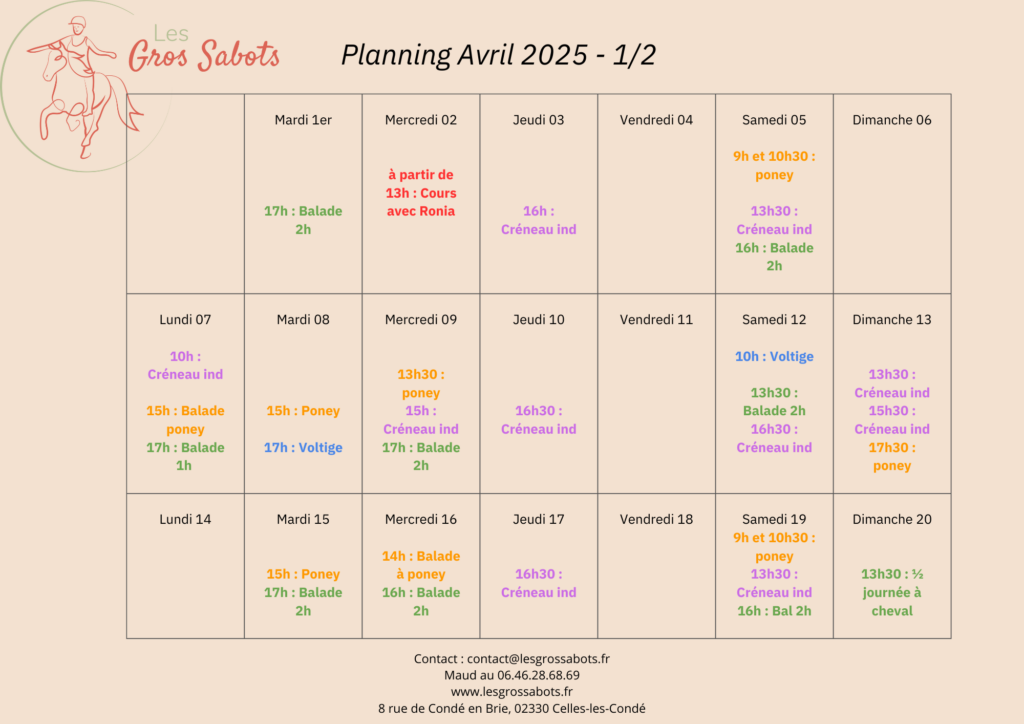 Planning Avril 2025 - Les Gros Sabots